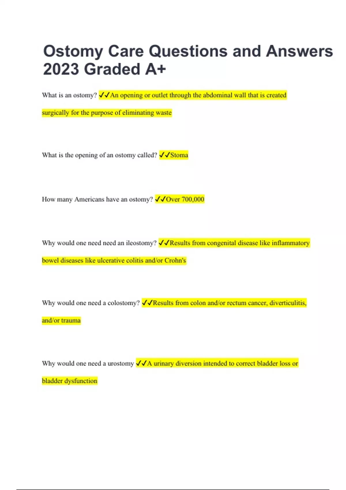 Ostomy Care Questions and Answers 2023 Graded A+. - Ostomy Care - Stuvia US