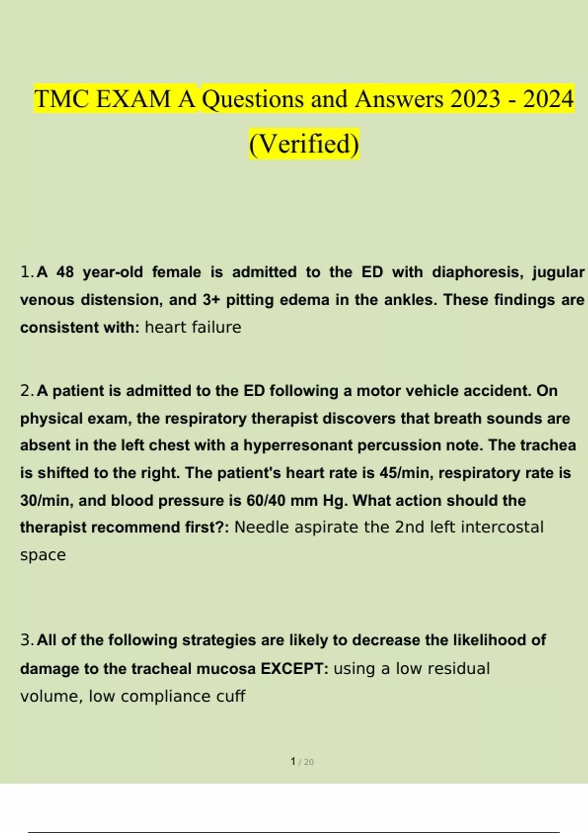 TMC EXAM A Questions and Answers (Verified Answers) - TMC - Stuvia US
