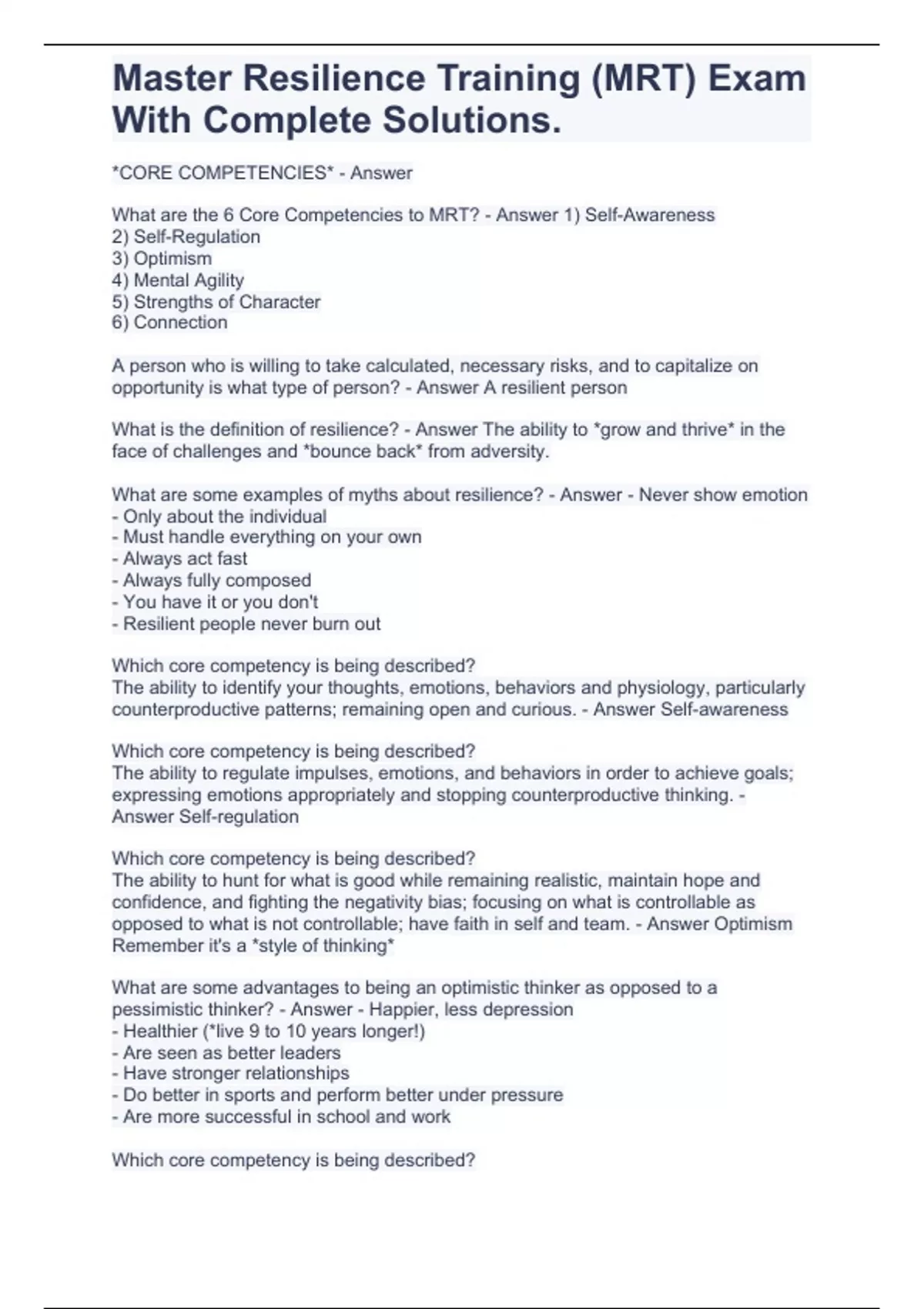 Master Resilience Training (MRT) Exam With Complete Solutions. - Mrt ...