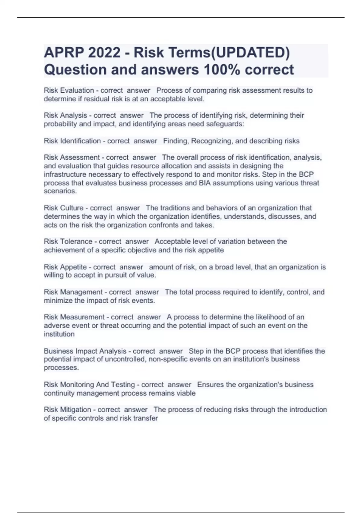 APRP 2022 - Risk Terms(UPDATED) Question and answers 100% correct ...