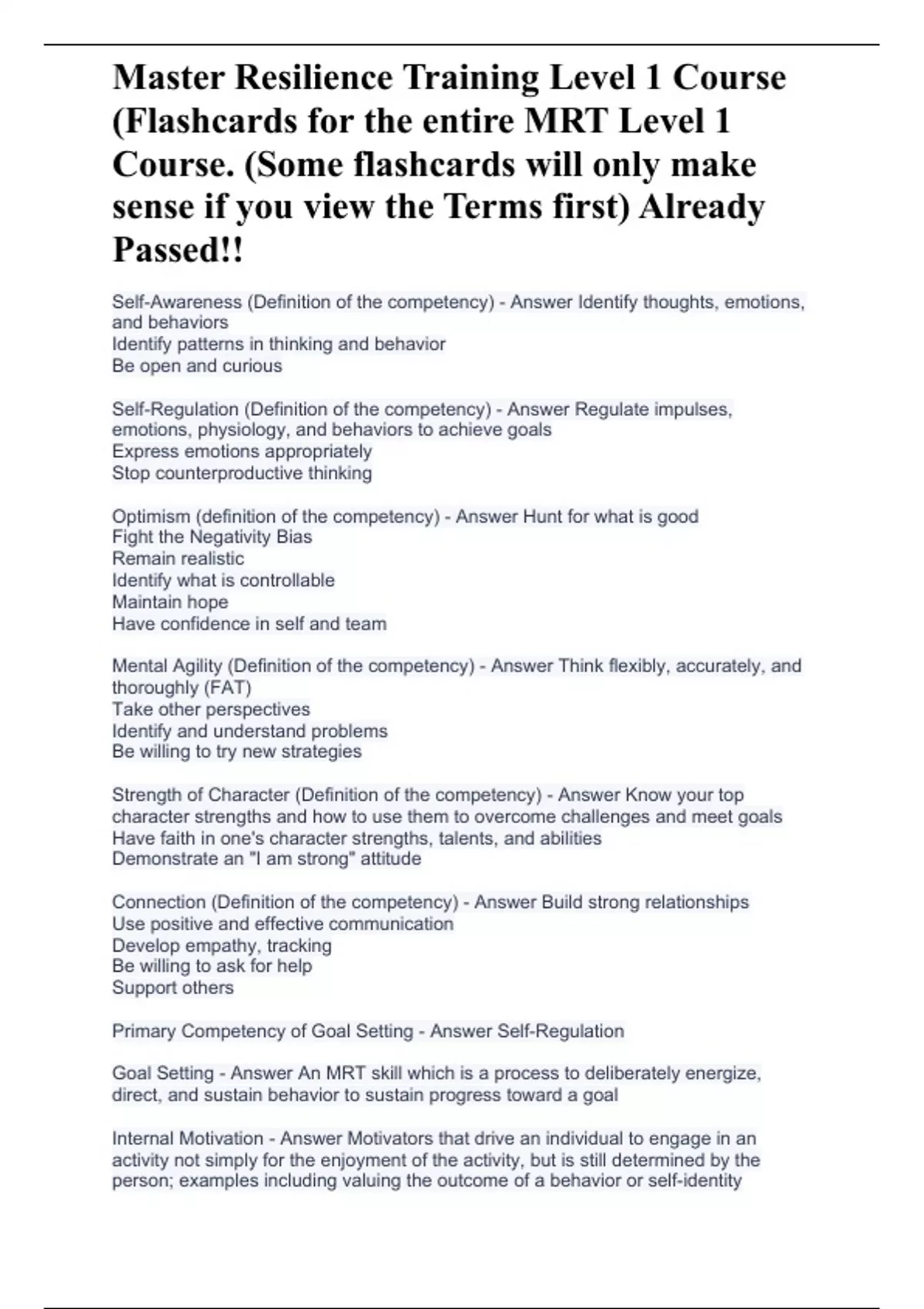 MASTER RESILIENCE TRAINING LEVEL 1 COURSE (FLASHCARDS FOR THE ENTIRE ...