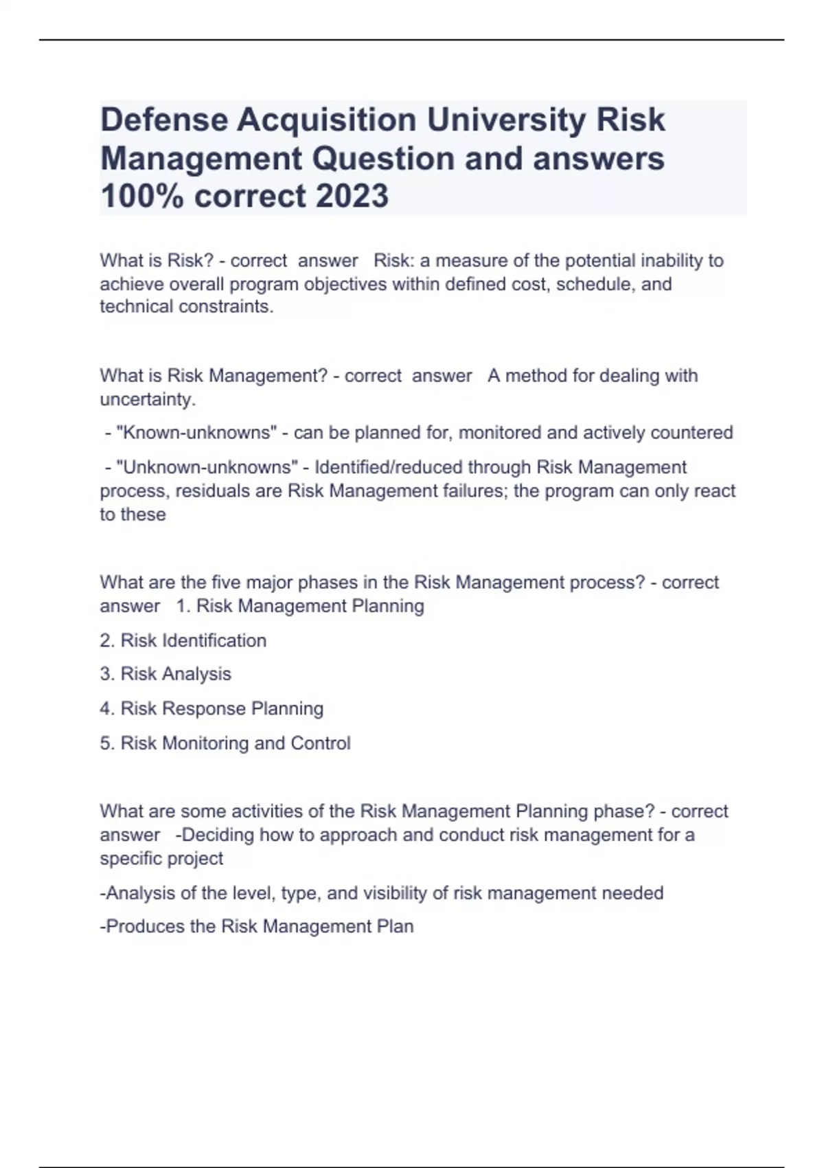 Defense Acquisition University Risk Management Question and answers 100 ...