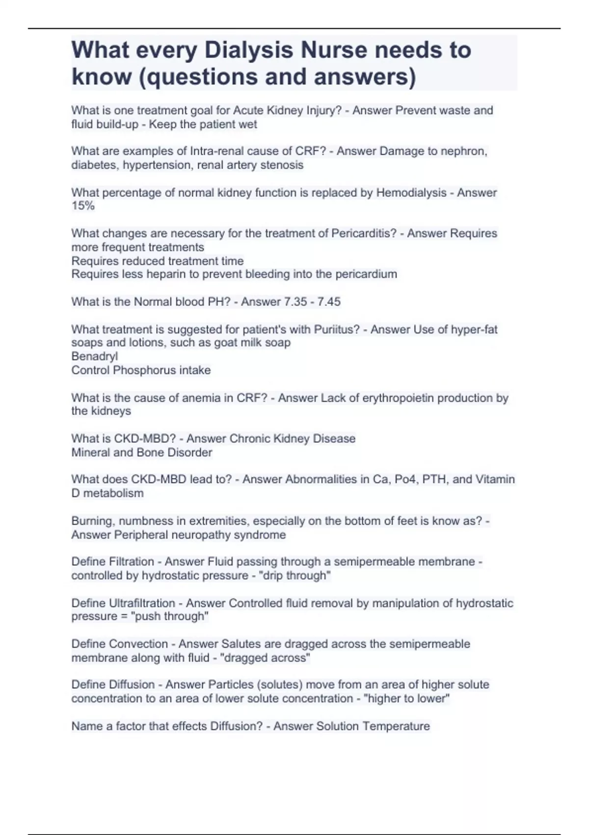 What every Dialysis Nurse needs to know (questions and answers ...