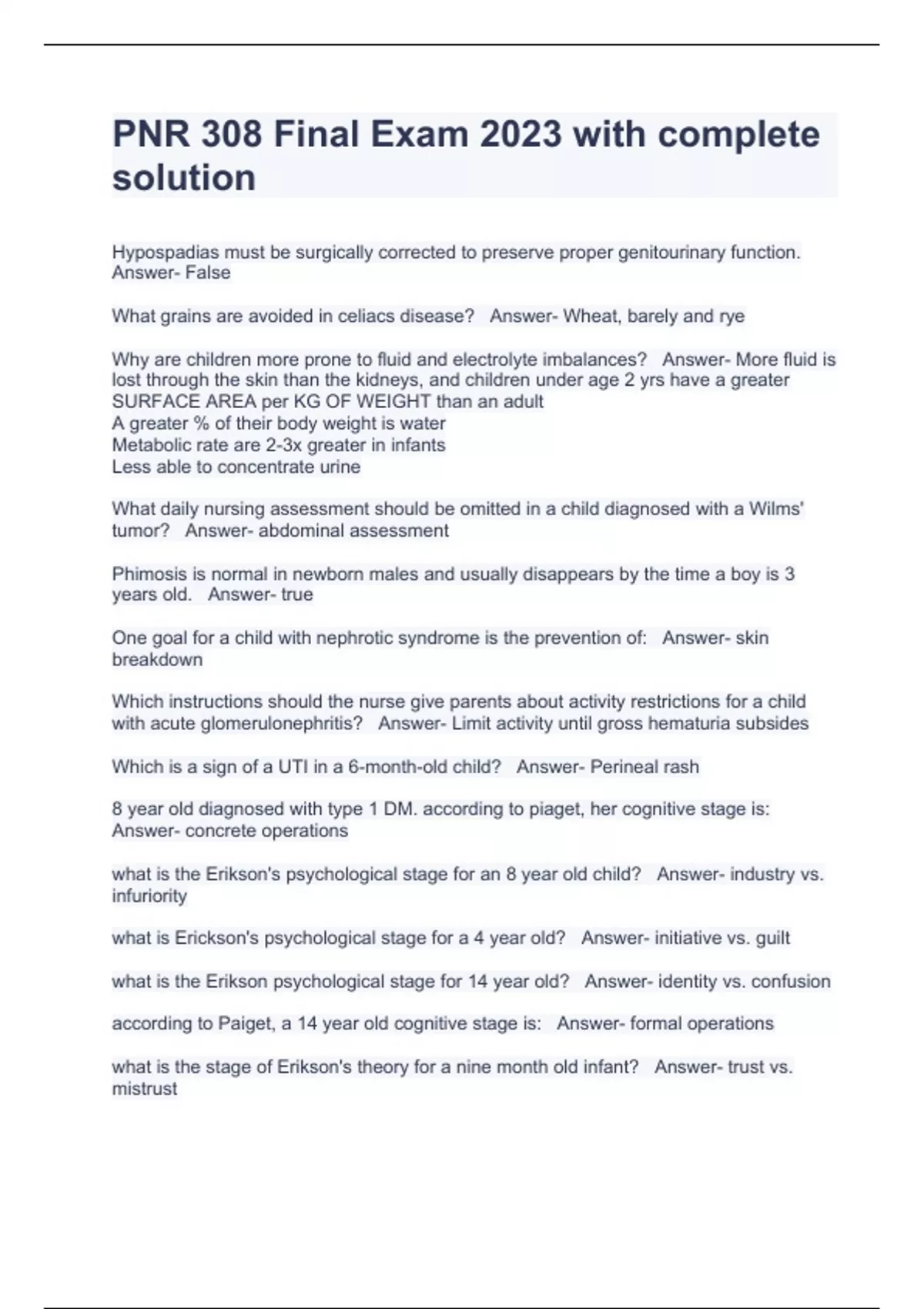 PNR 308 Final Exam 2023 with complete solution - PNR - Stuvia US