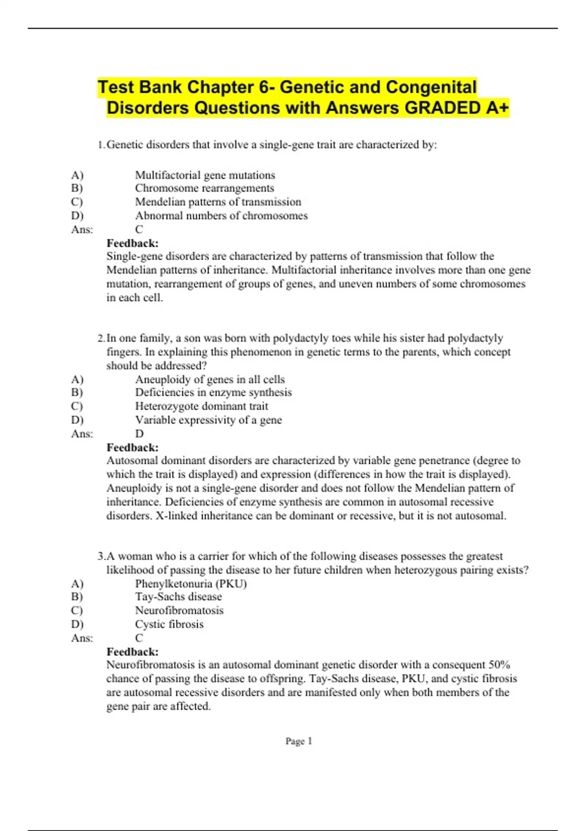 Test Bank Chapter 6- Genetic and Congenital Disorders Questions with ...