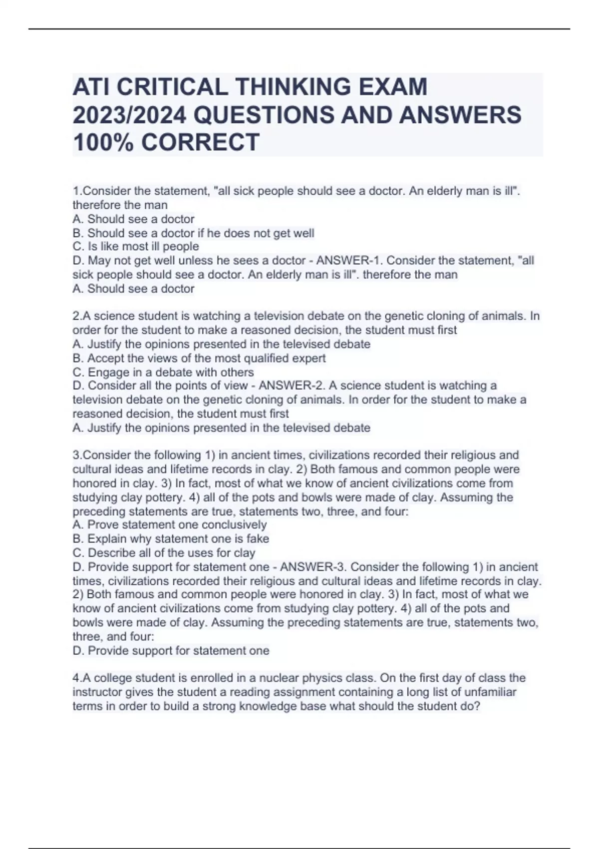 ATI CRITICAL THINKING EXAM 2023/2024 QUESTIONS AND ANSWERS 100% CORRECT ...