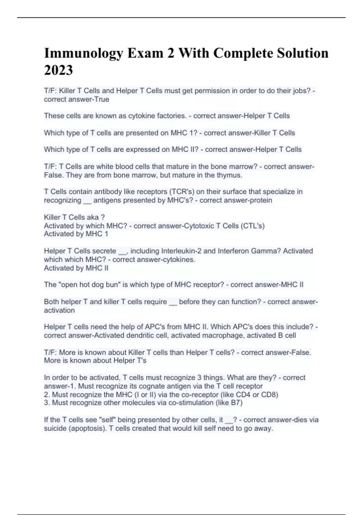 Immunology Exam 2 With Complete Solution 2023 - Immunology - Stuvia US