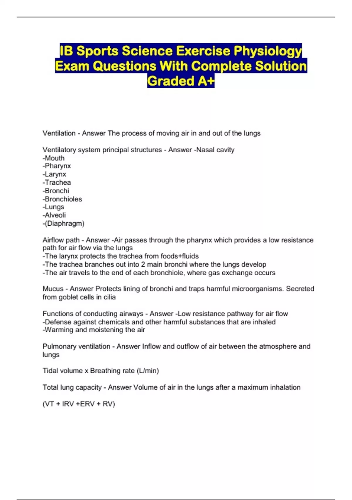 IB Sports Science Exercise Physiology Exam Questions With Complete ...