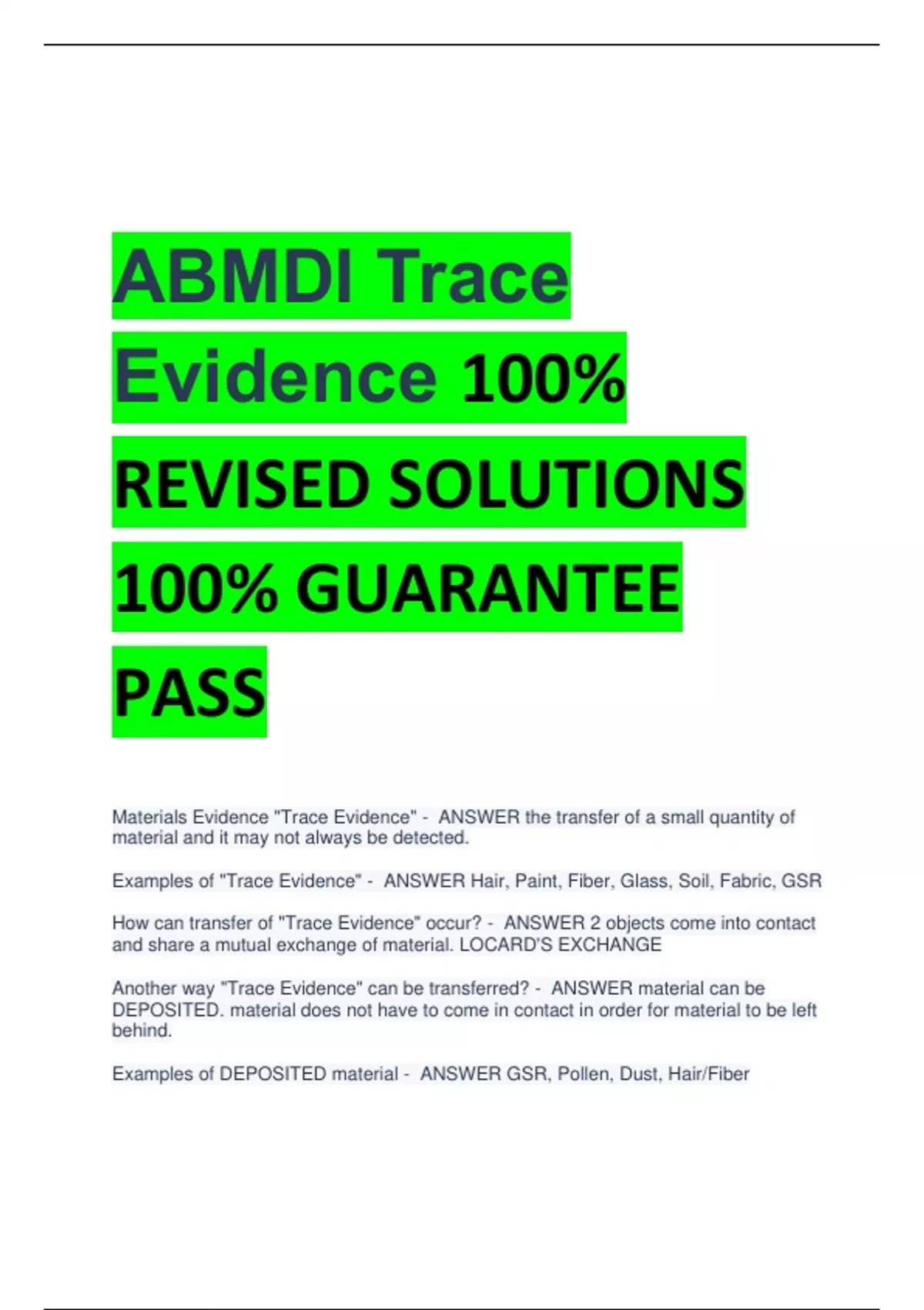 ABMDI Trace Evidence 100% REVISED SOLUTIONS 100% GUARANTEE PASS - ABMDI ...