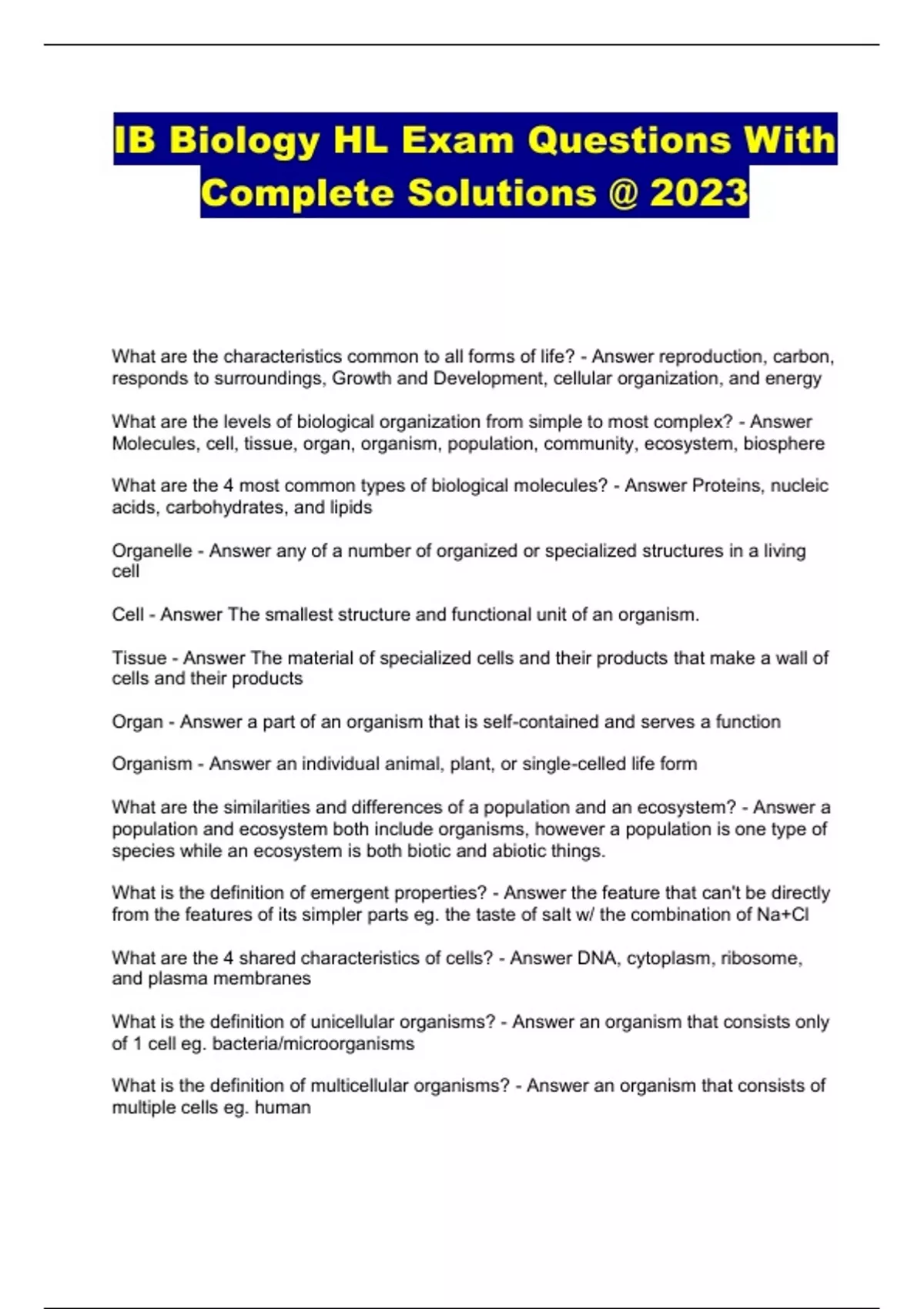 IB Biology HL Exam Questions With Complete Solutions @ 2023 - IB Biology HL - Stuvia US