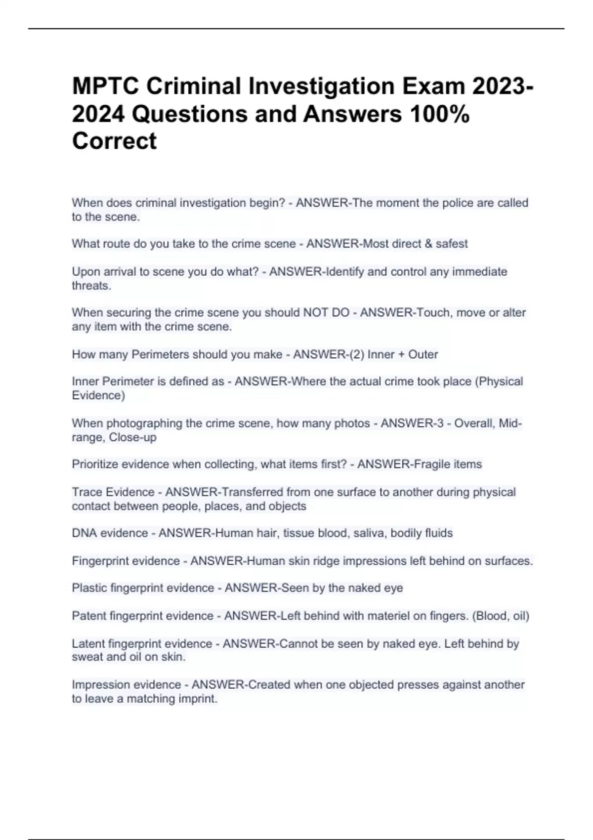 MPTC Criminal Investigation Exam Questions and Answers 100% Correct ...