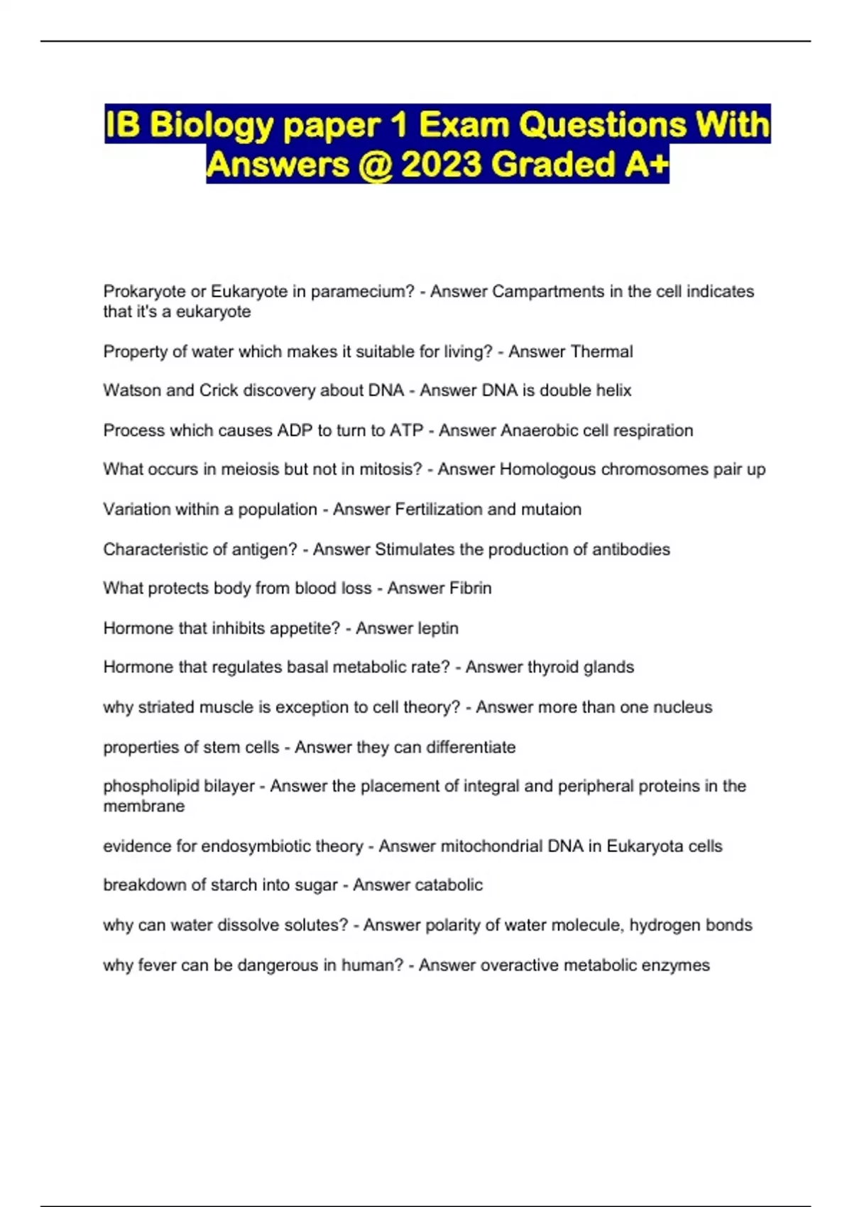 IB Biology paper 1 Exam Questions With Answers @ 2023 Graded A+ - IB ...