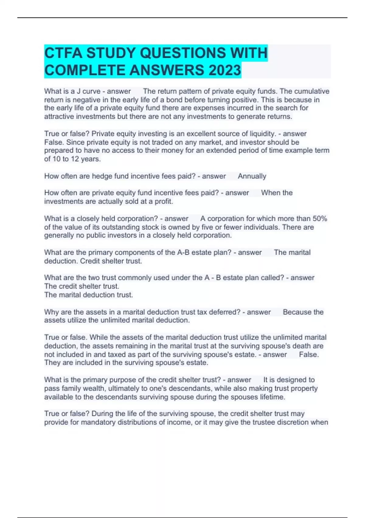 CTFA STUDY QUESTIONS WITH COMPLETE ANSWERS 2023 - CTFA - Stuvia US