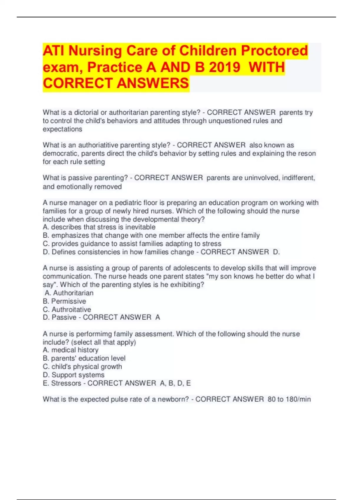 ATI Nursing Care of Children Proctored exam, Practice A AND B 2019 WITH ...