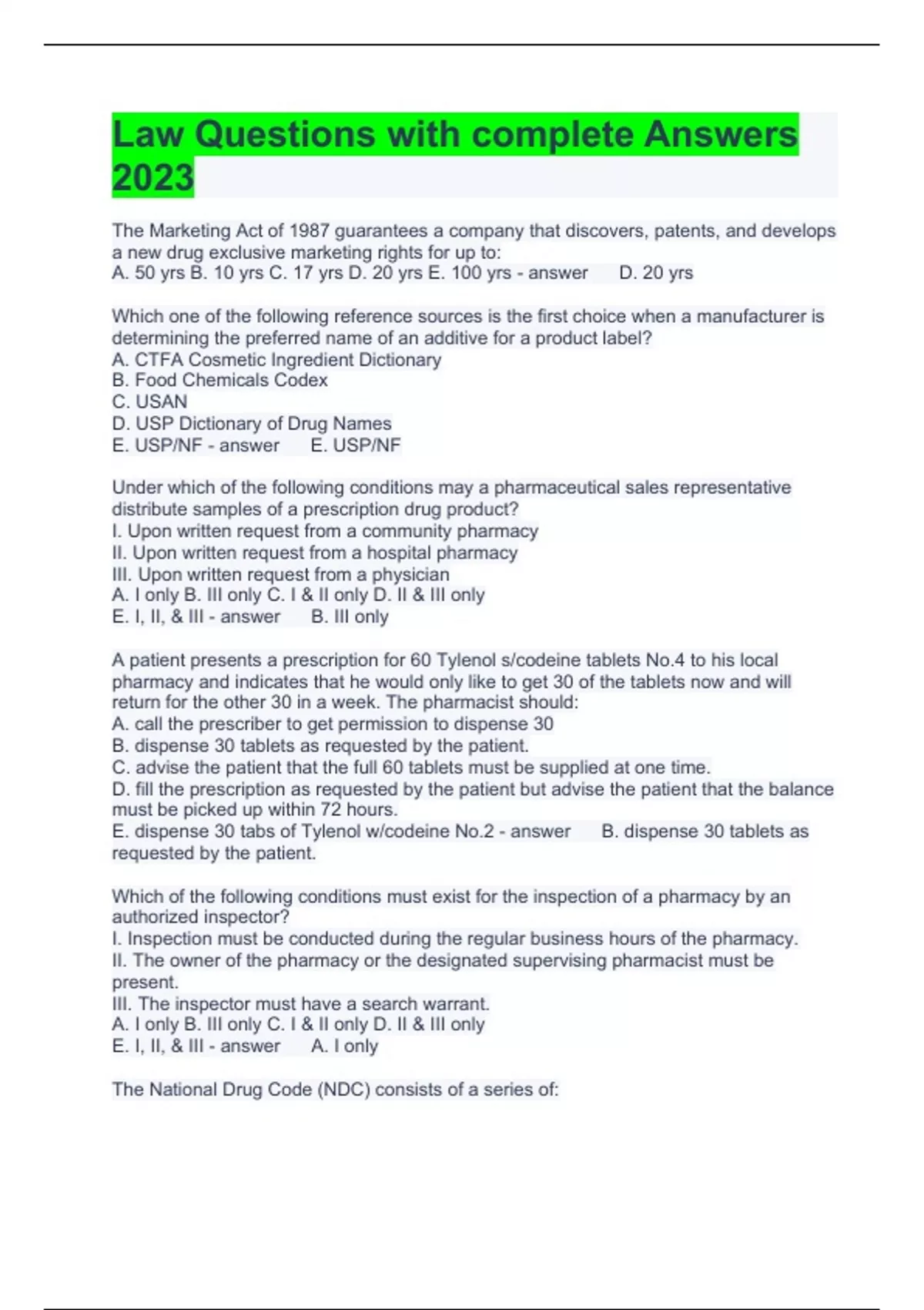 Law Questions with complete Answers 2023 - CTFA - Stuvia US