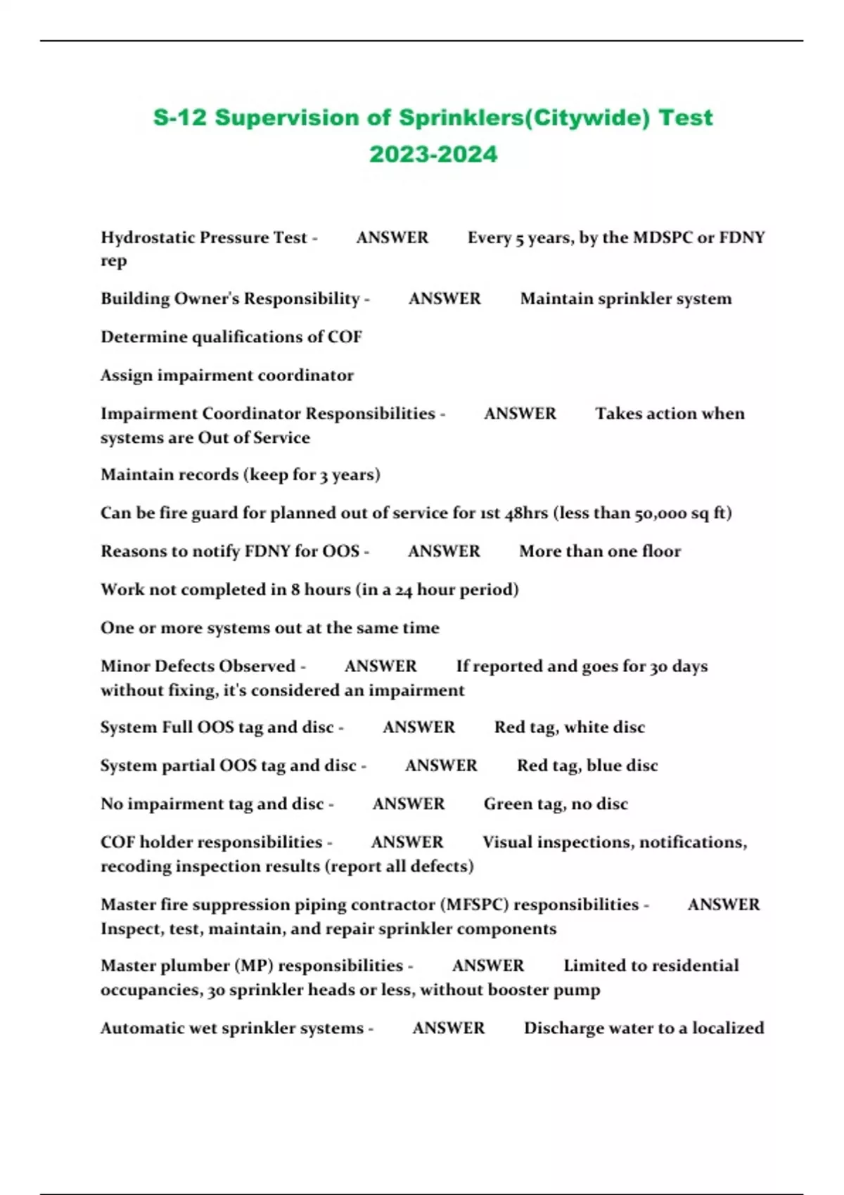 S-12 Supervision of Sprinklers(Citywide) Test - S-12 Supervision of ...