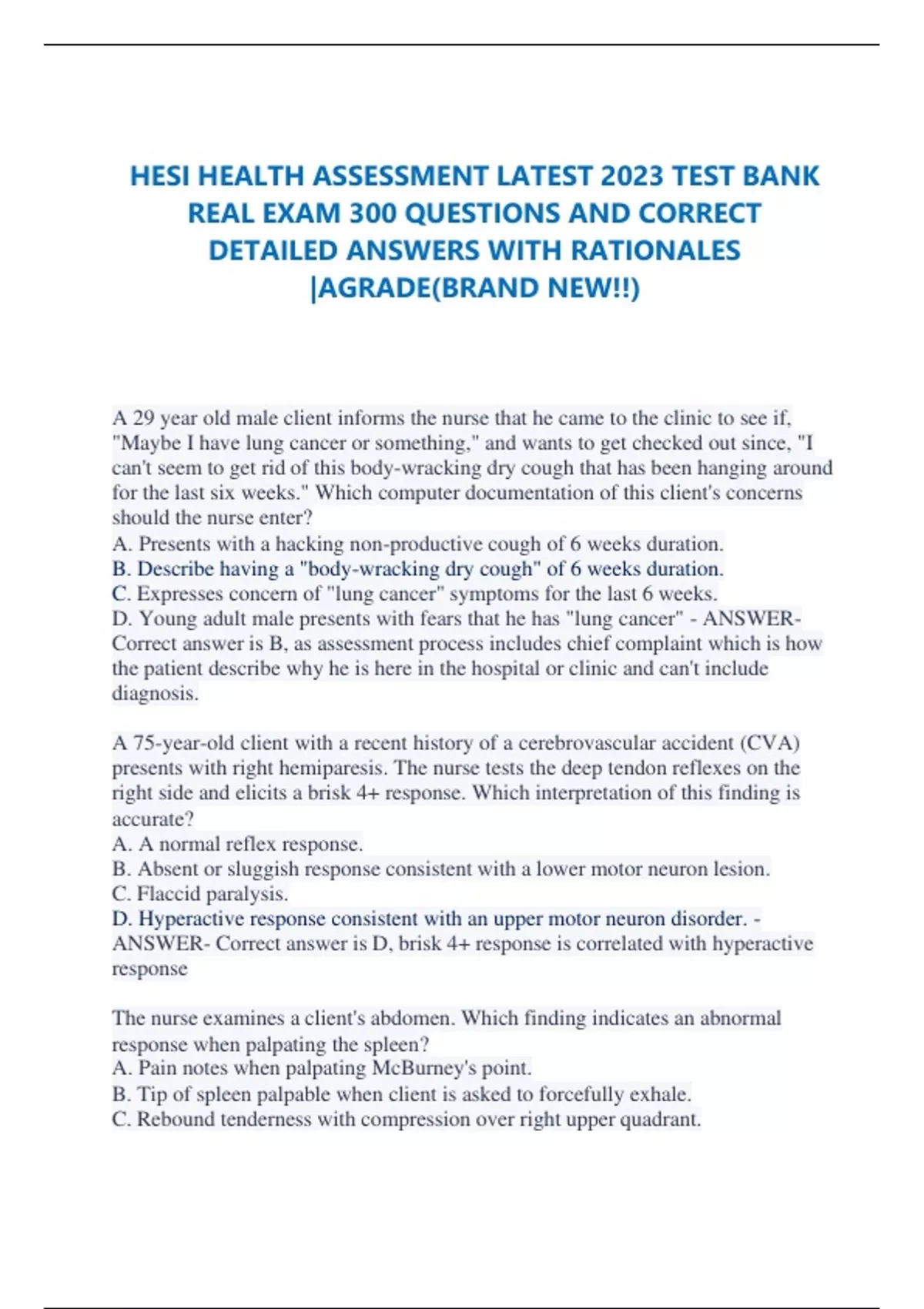 HESI HEALTH ASSESSMENT LATEST 2023 TEST BANK REAL EXAM 300 QUESTIONS ...