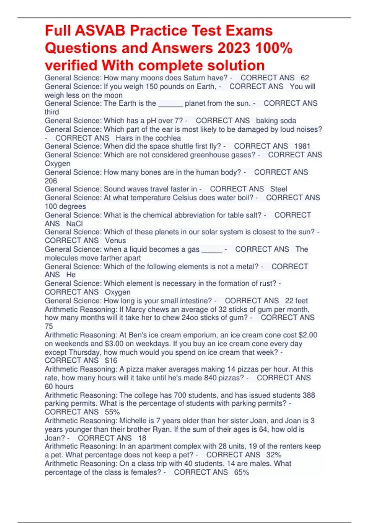 Full ASVAB Practice Test Exams Questions and Answers 2023 100% verified ...