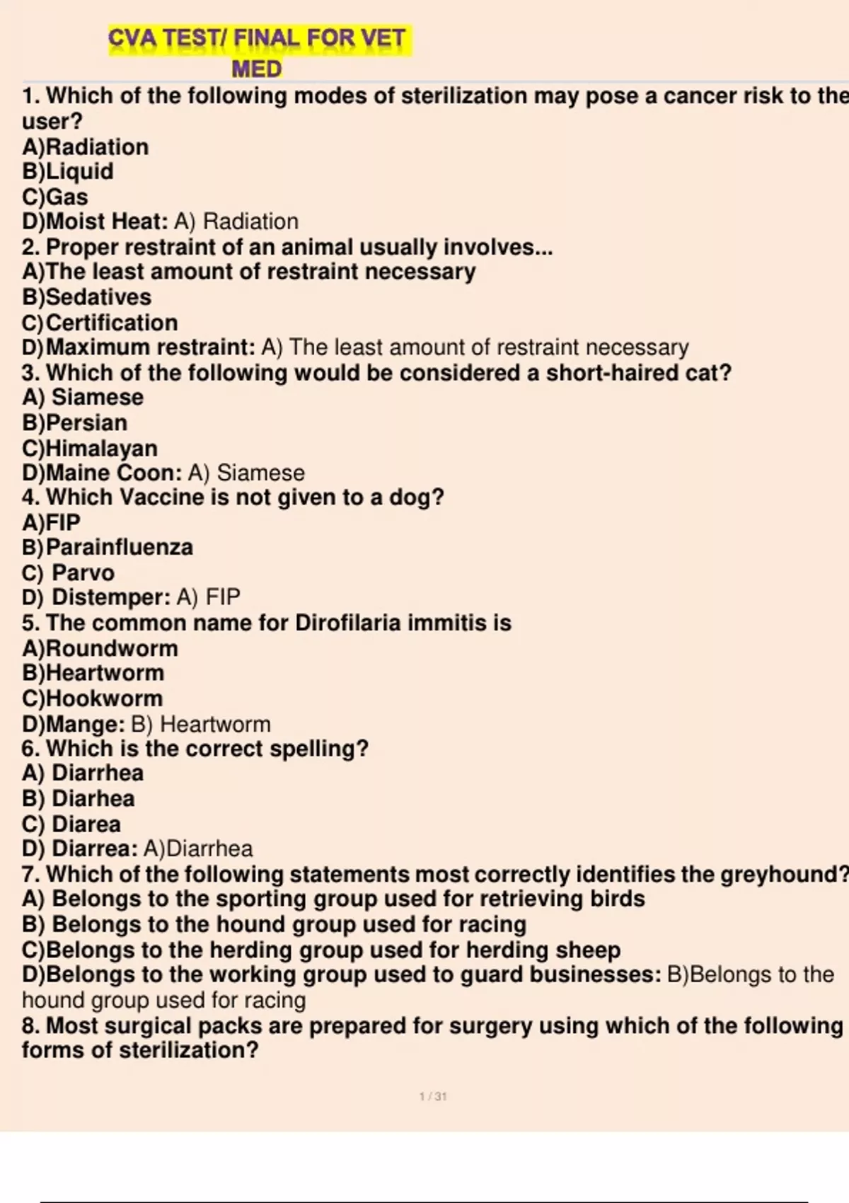 CVA test/ Final for vet med 1. Which of the following modes of ...