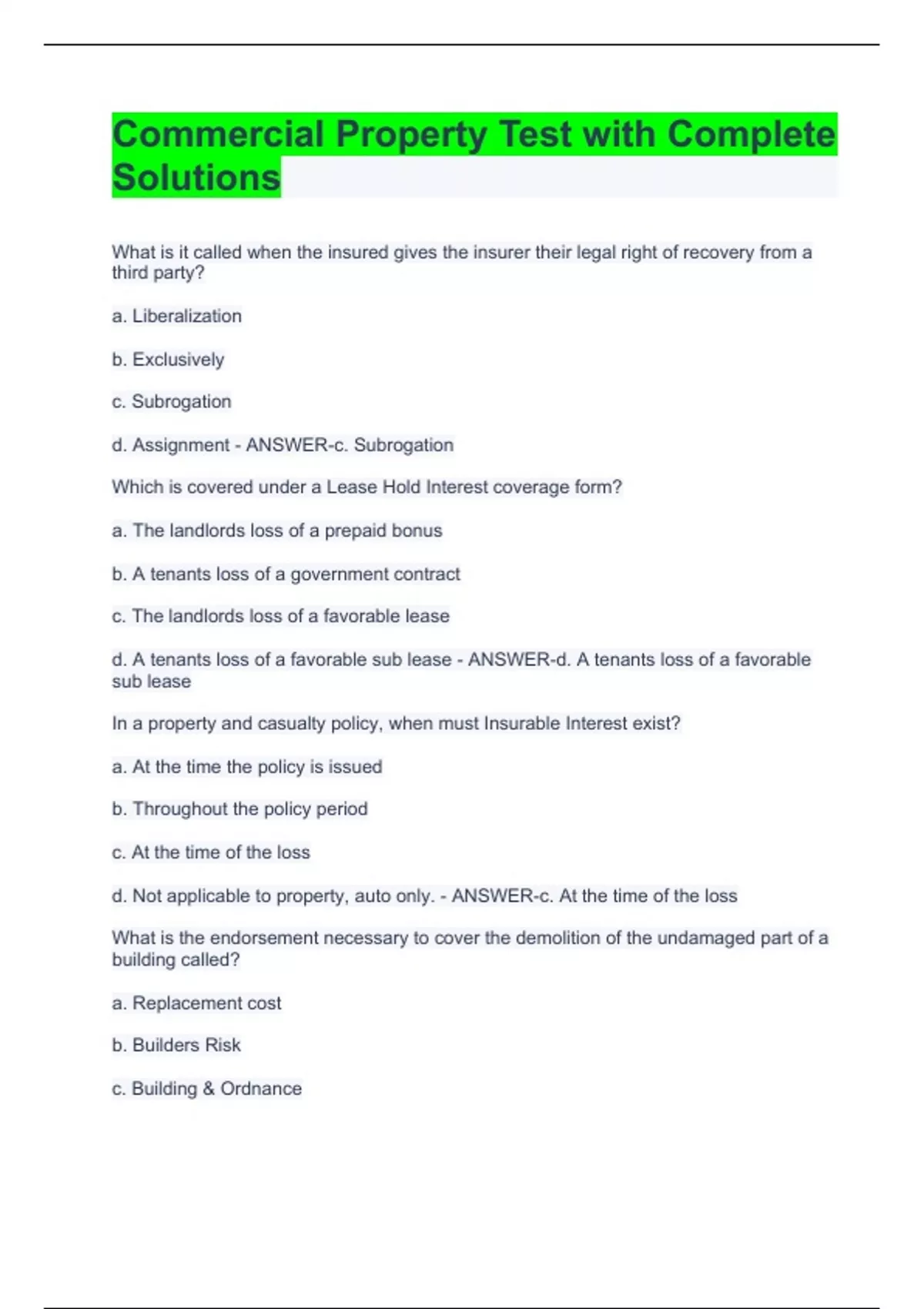 Commercial Property Test with Complete Solutions - Commercial Property ...