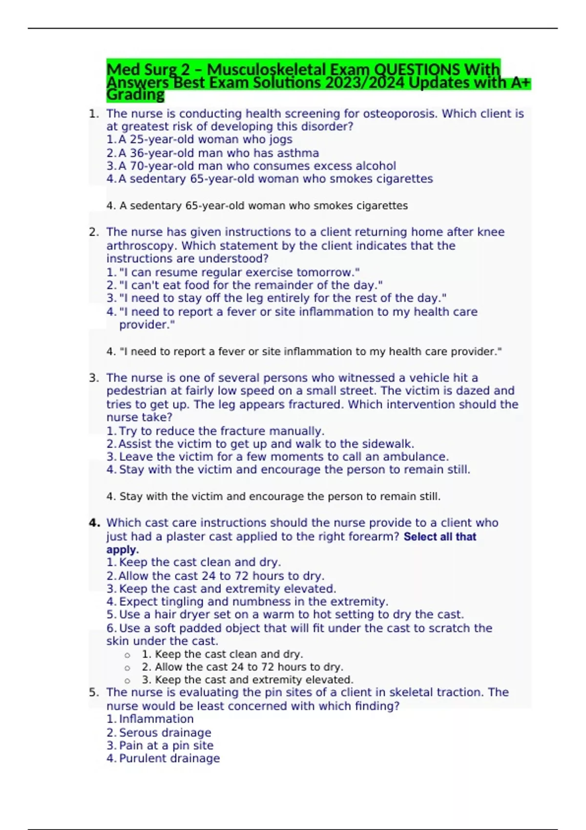Med Surg 2 – Musculoskeletal Exam QUESTIONS With Answers Best Exam ...