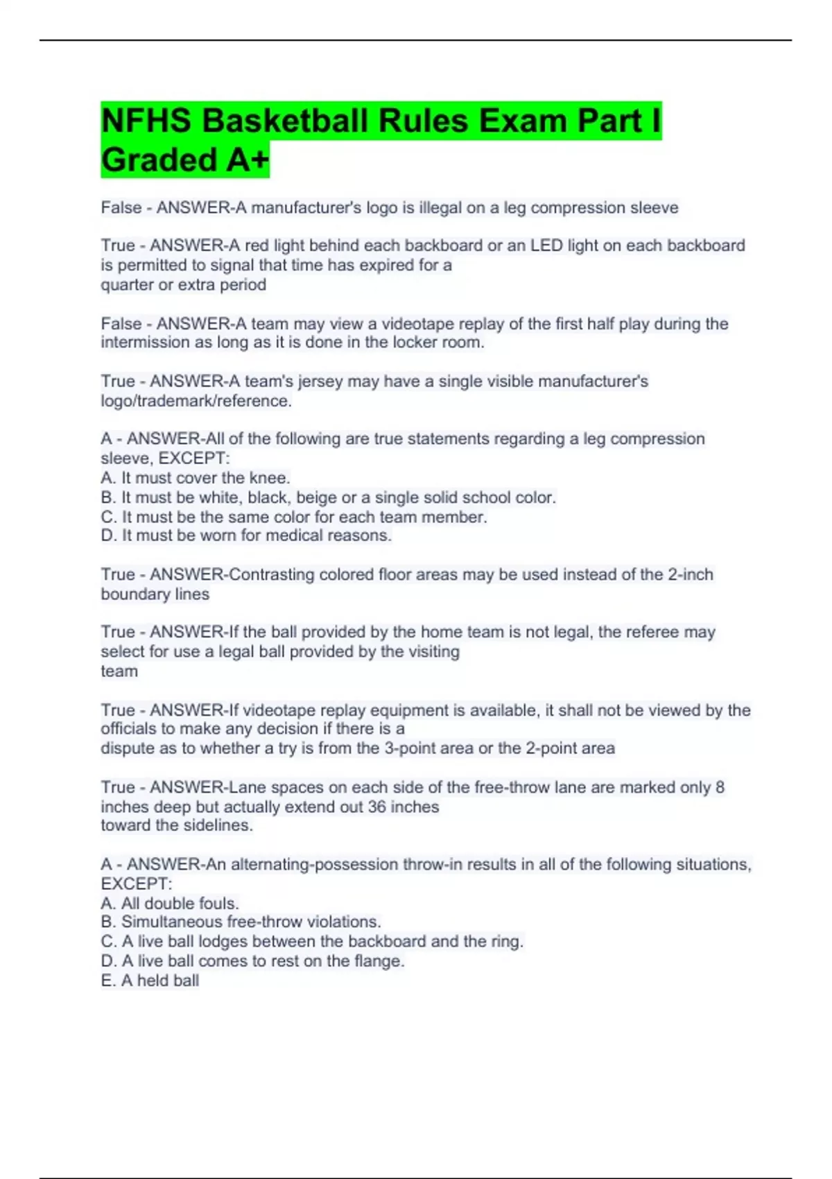 NFHS Basketball Rules Exam Part I Graded A+ - NFHS Basketball Rules ...