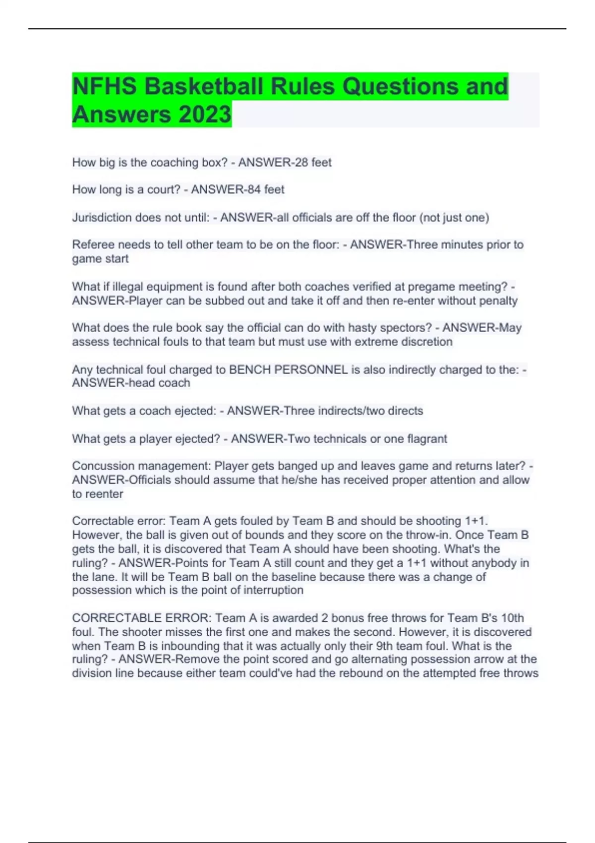 NFHS Basketball Rules Questions and Answers 2023 - NFHS Basketball ...