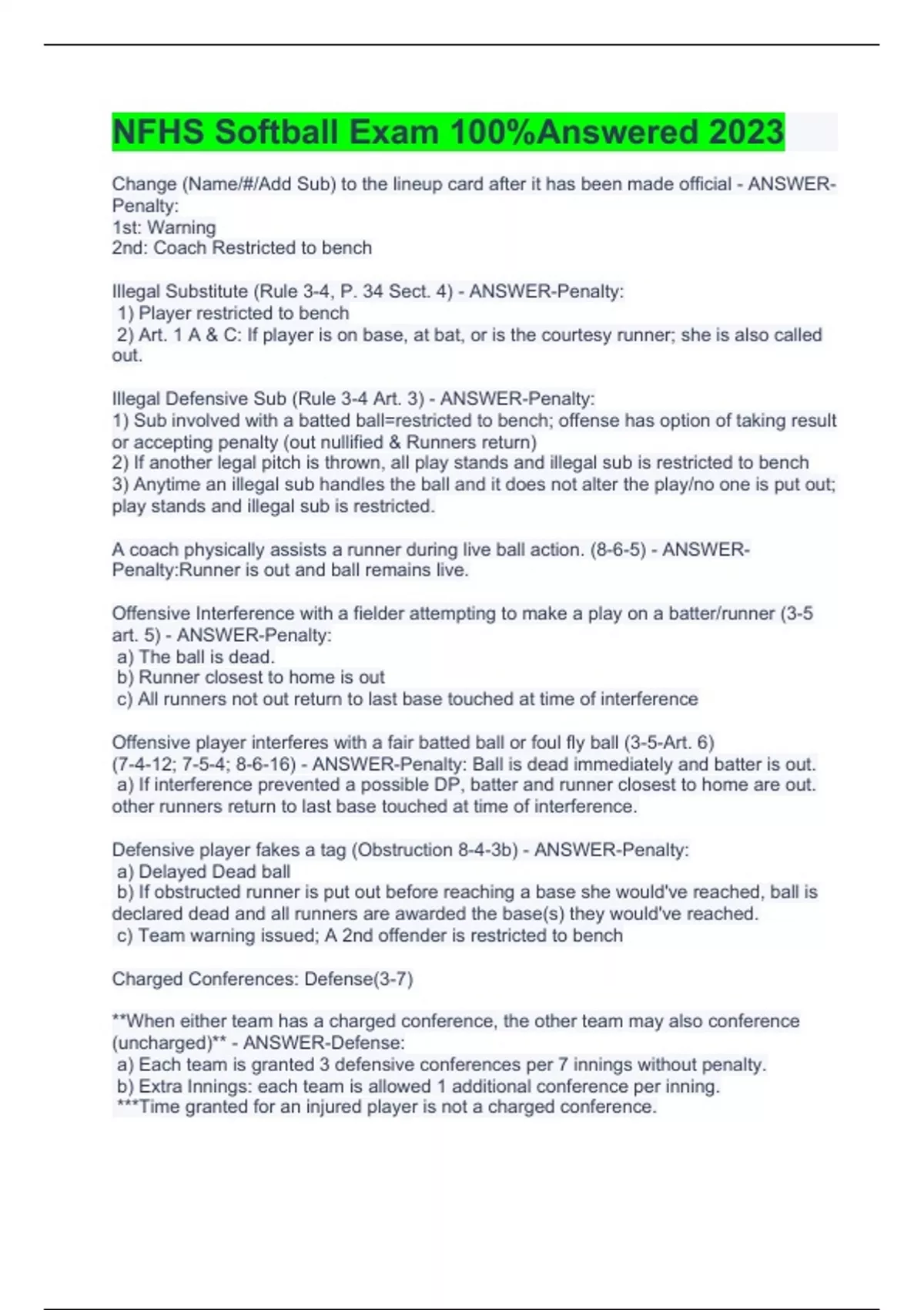 NFHS Softball Exam 100%Answered 2023 - NFHS - Stuvia US