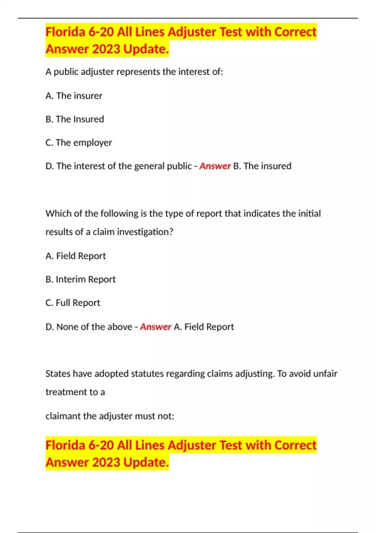Florida 6-20 All Lines Adjuster Test with Correct Answer 2023 Update ...