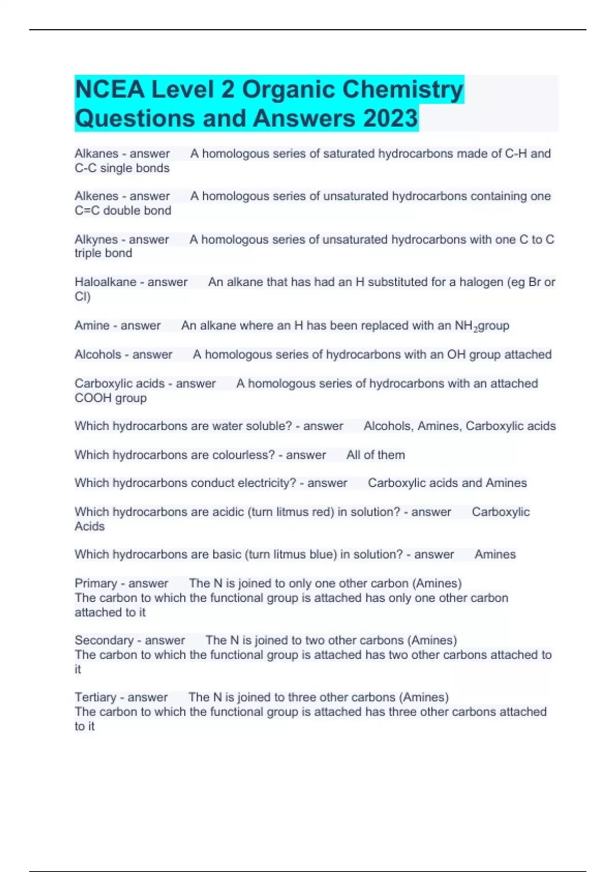 NCEA Level 2 Organic Chemistry Questions and Answers 2023 - NCEA ...