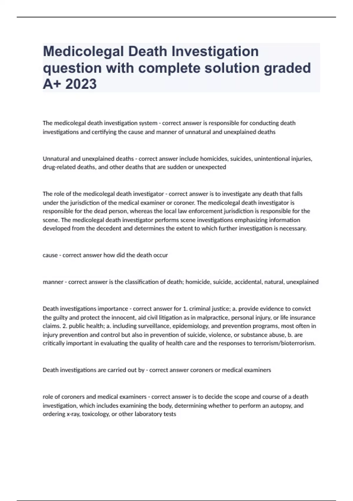 Medicolegal Death Investigation question with complete solution graded ...