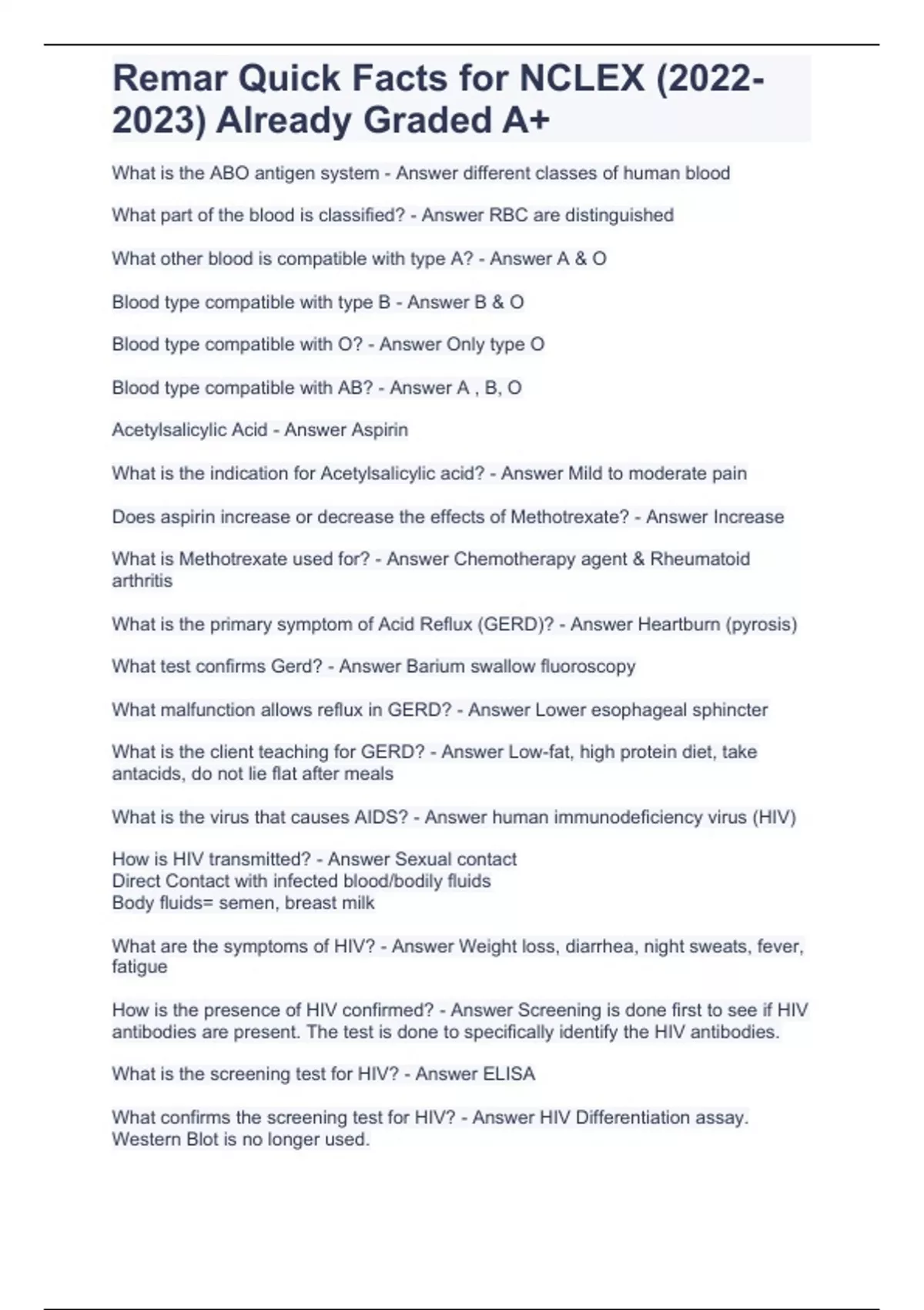 Remar Quick Facts for NCLEX () Already Graded A+ - Remar - Stuvia US