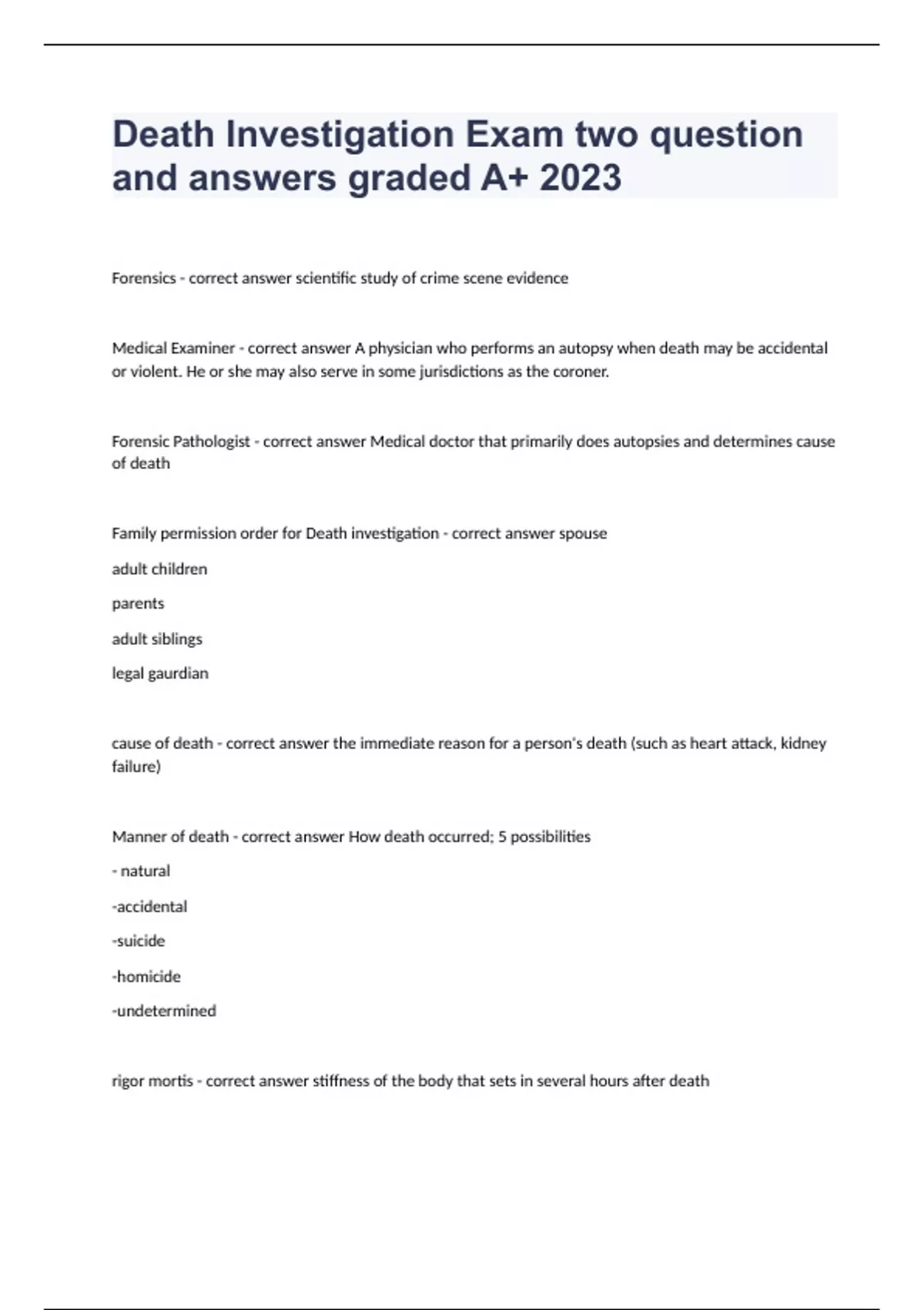 Death Investigation Exam two question and answers graded A+ 2023 ...