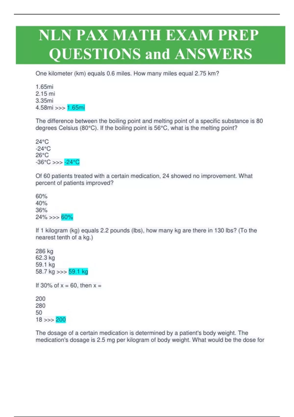 PAX Math NLN Exams collection 2023, Questions & Answers From the Actual ...