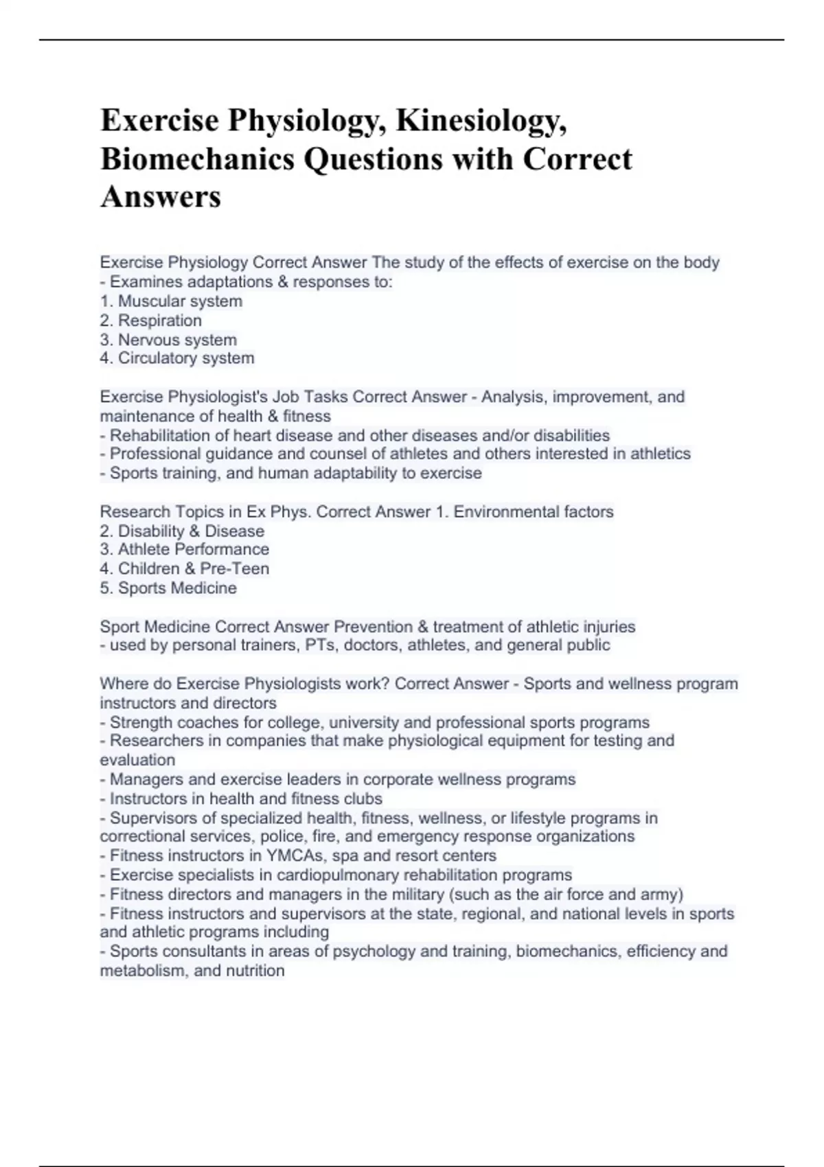 Exercise Physiology, Kinesiology, Biomechanics Questions with Correct ...