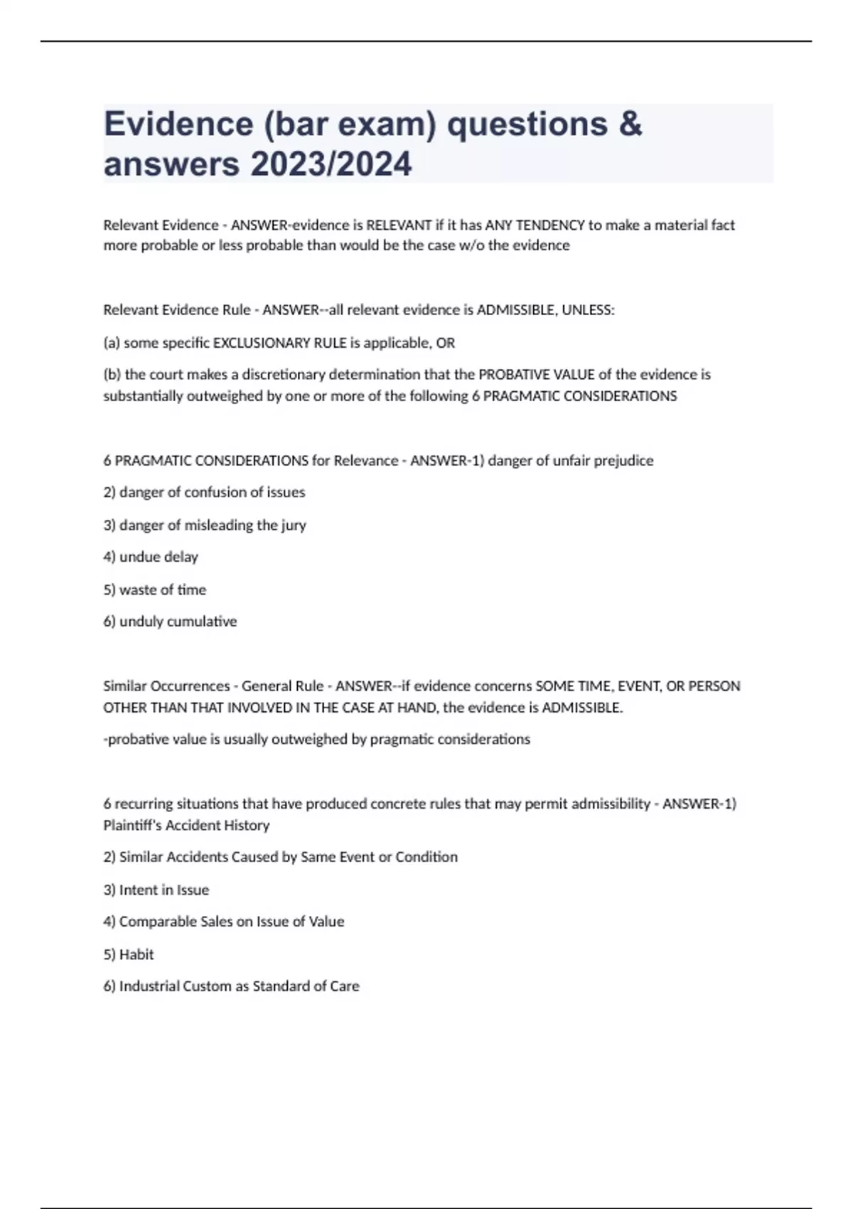 Evidence (bar exam) questions & answers 2023/2024 - Evidence (bar ...