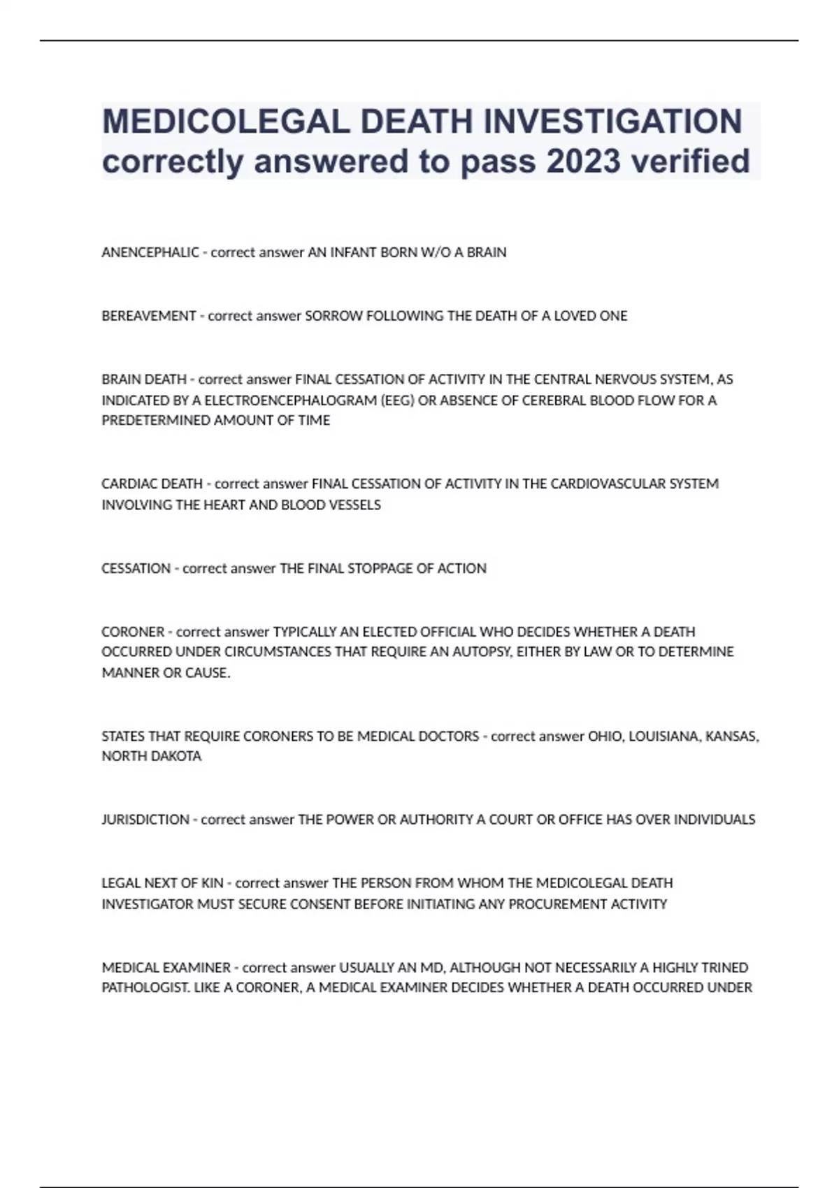 MEDICOLEGAL DEATH INVESTIGATION correctly answered to pass 2023 ...