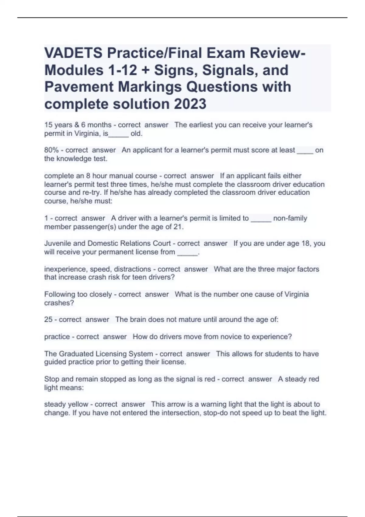 VADETS Practice/Final Exam Review- Modules 1-12 + Signs, Signals, and ...