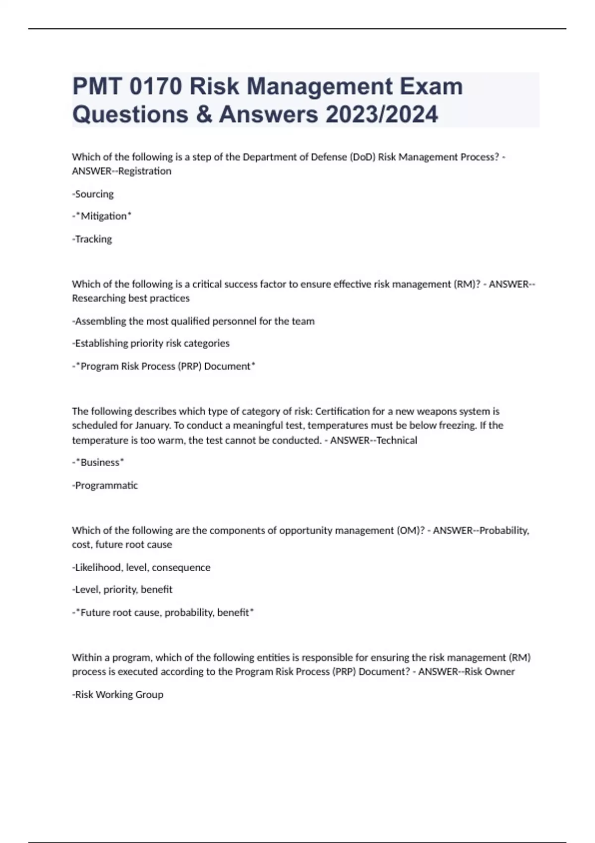 PMT 0170 Risk Management Exam Questions & Answers 2023/2024 - PMT 0170 ...