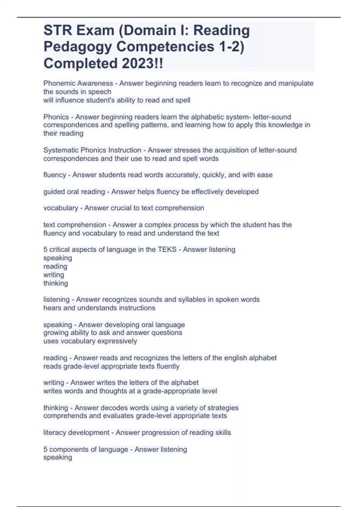 STR Exam (Domain I: Reading Pedagogy Competencies 1-2) Completed 2023 ...