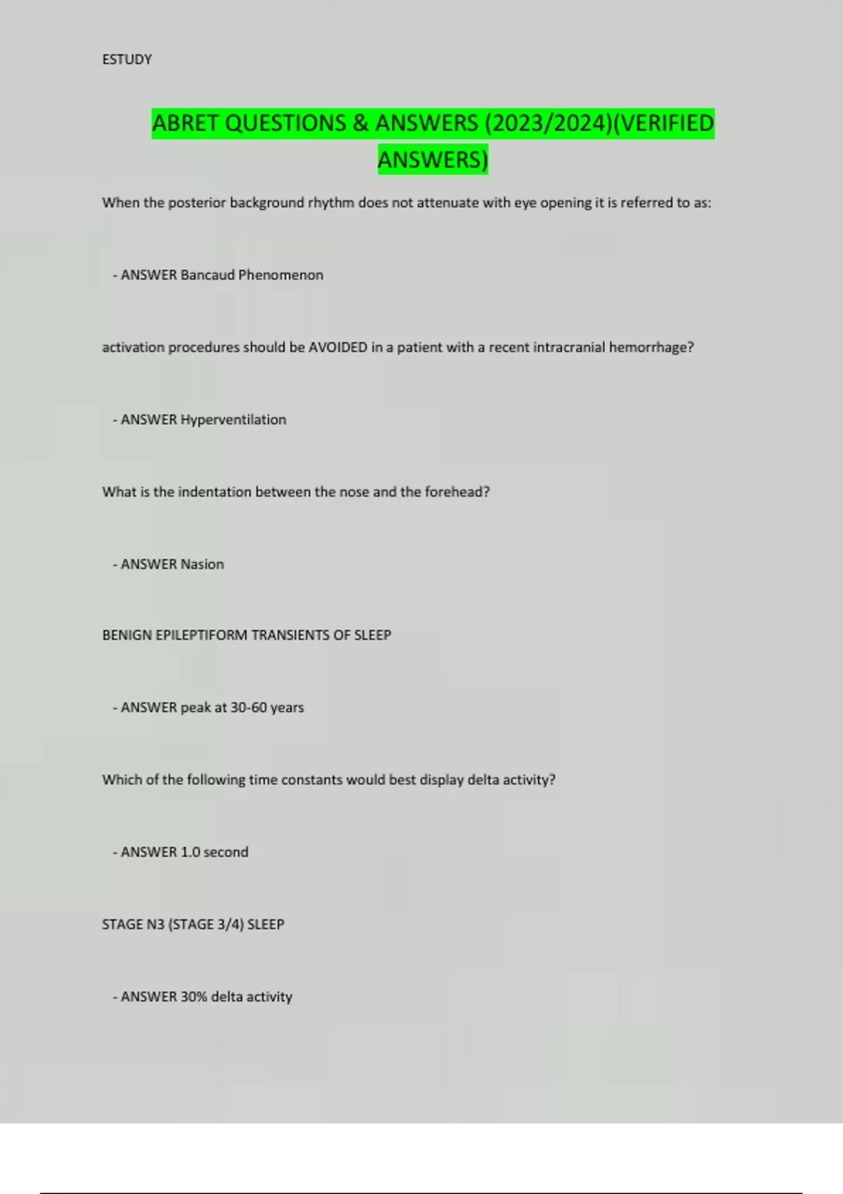 ABRET QUESTIONS & ANSWERS (2023/2024)(VERIFIED ANSWERS) - ABRET - Stuvia US