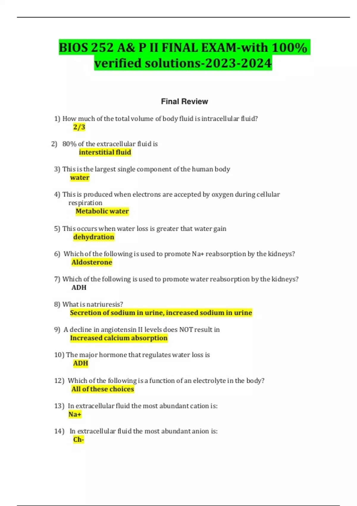 BIOS 252 A& P II FINAL EXAM-with 100% verified solutions- - Bios 252 (BIOS252) - Stuvia US