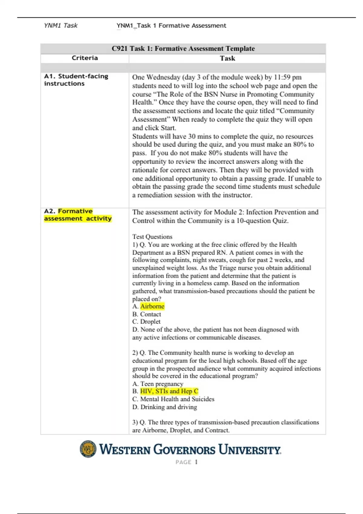 C921 Task 1 Formative Assessment Template 2023 Western Governors C921 Stuvia Us