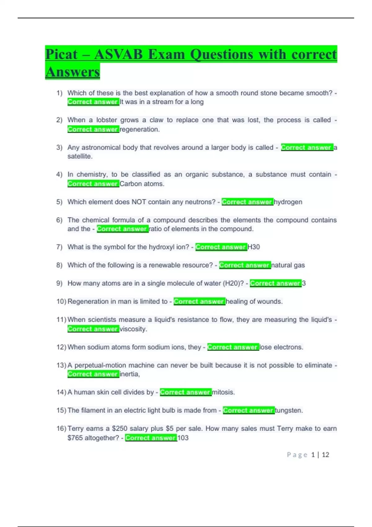 ASVAB PICAT/Picat Exam Bundle (Graded A) updated 2023 - Stuvia US