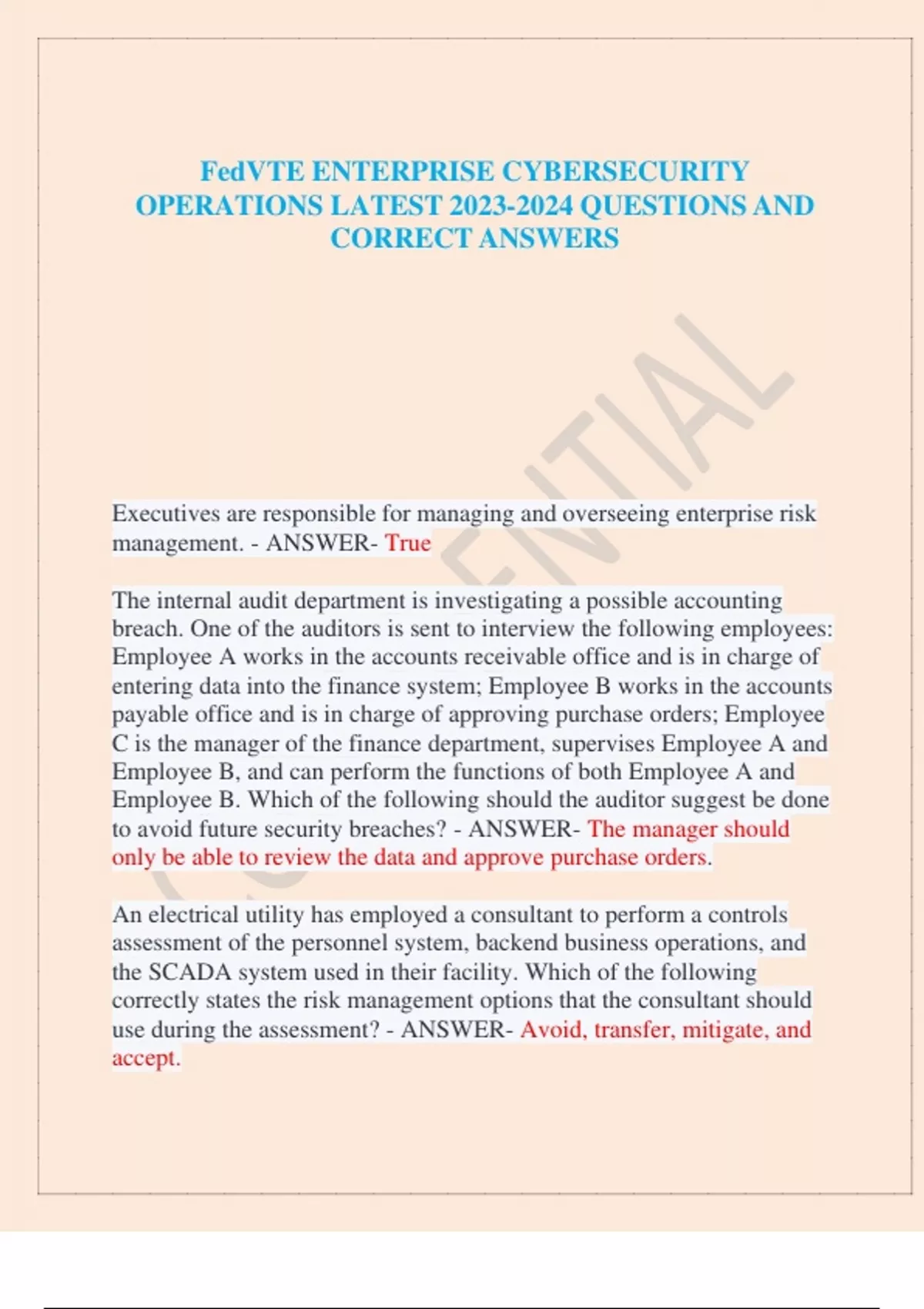 FedVTE ENTERPRISE CYBERSECURITY OPERATIONS LATEST QUESTIONS AND CORRECT ...