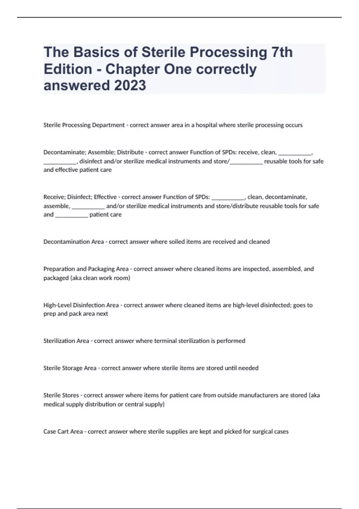 The Basics of Sterile Processing 7th Edition - Chapter One correctly ...