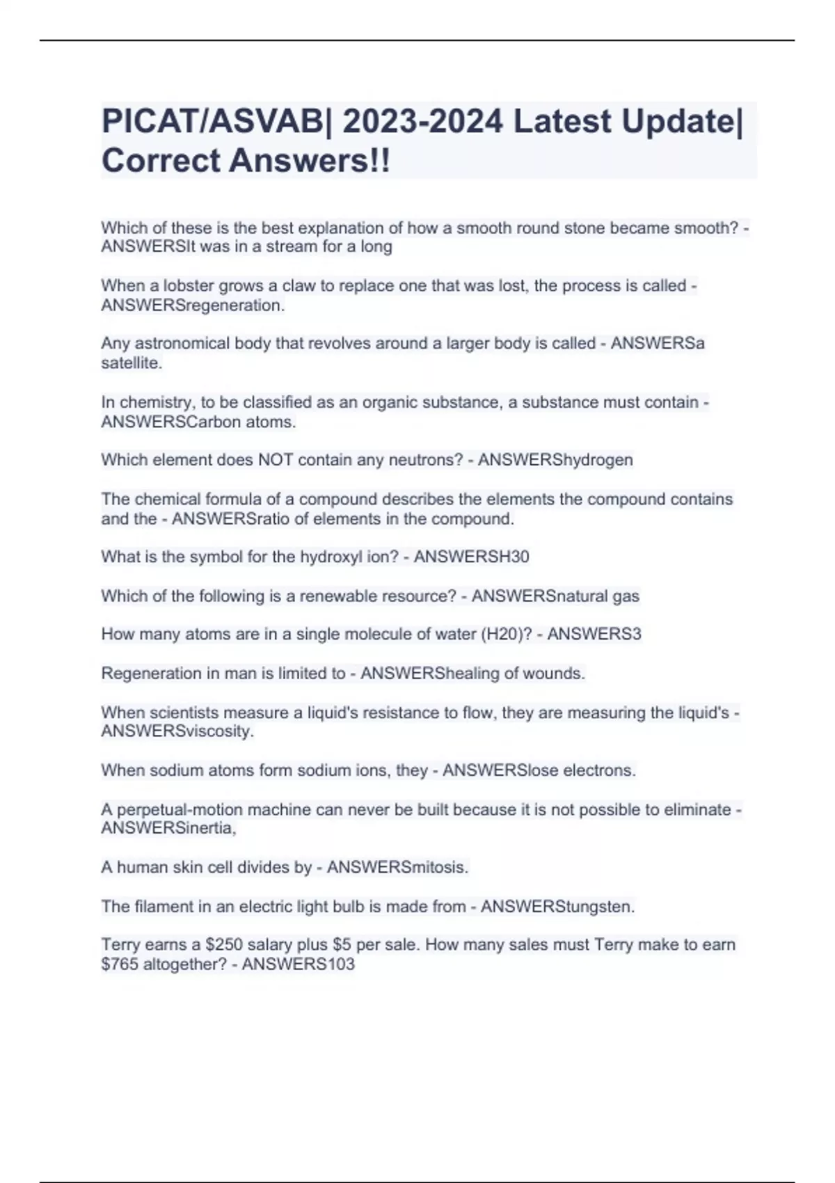 PICAT/ASVAB| Latest Update| Correct Answers!! - Picat/asvab - Stuvia UK