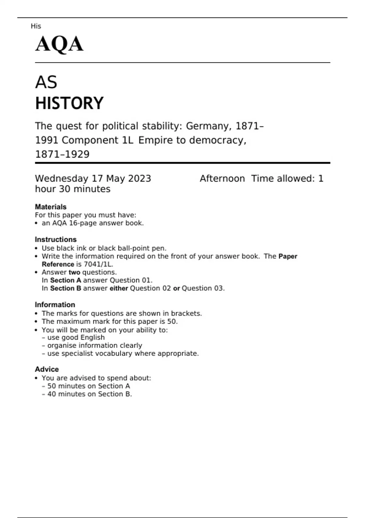 AQA AS HISTORY The quest for political stability: Germany, 1871–1991 ...