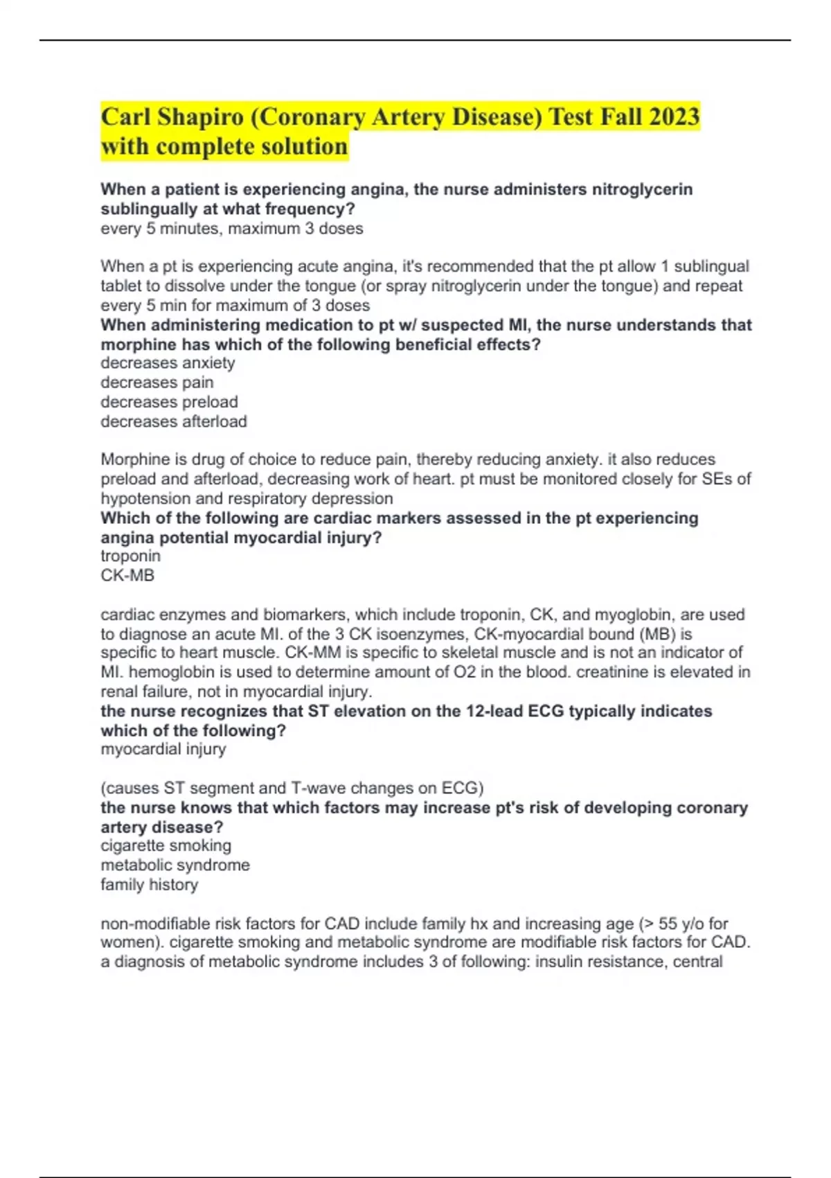 Carl Shapiro (Coronary Artery Disease) Test Fall 2023 with complete ...