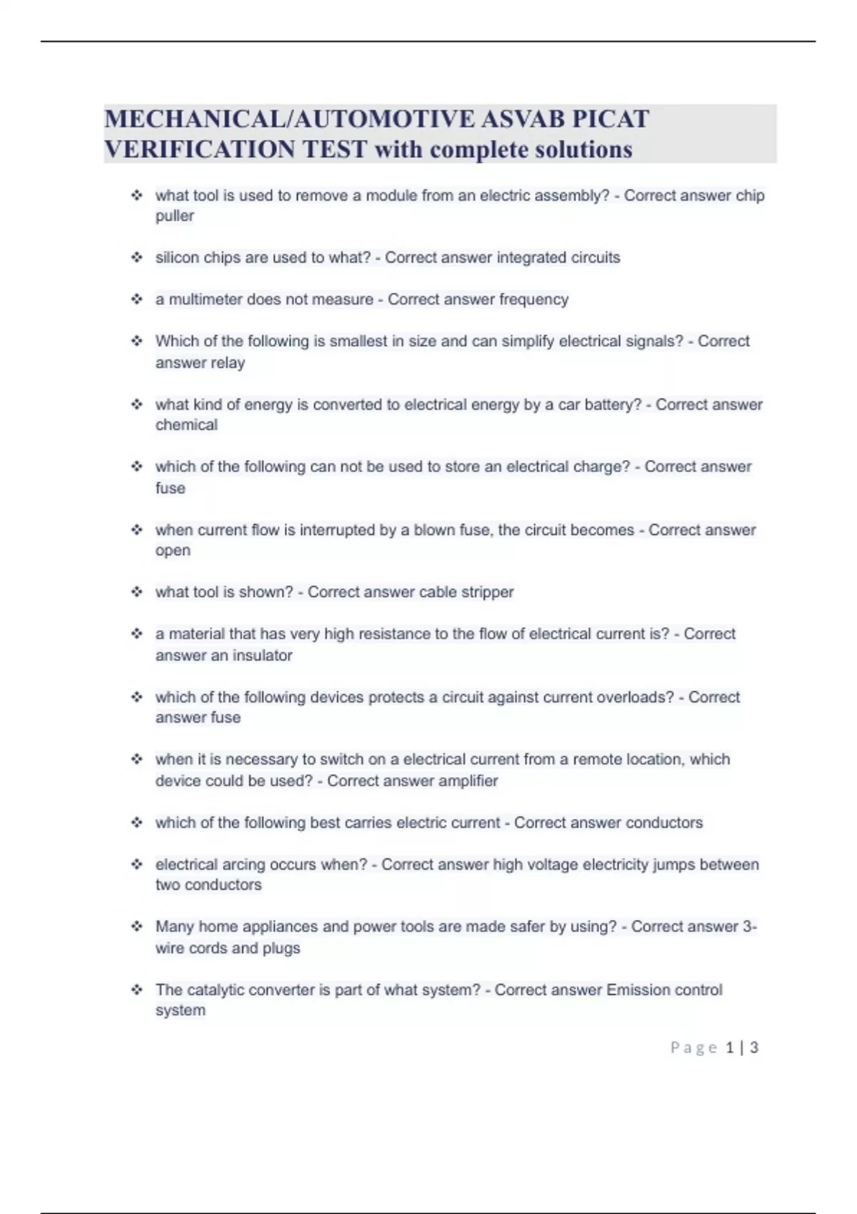MECHANICAL/AUTOMOTIVE ASVAB PICAT VERIFICATION TEST with complete ...